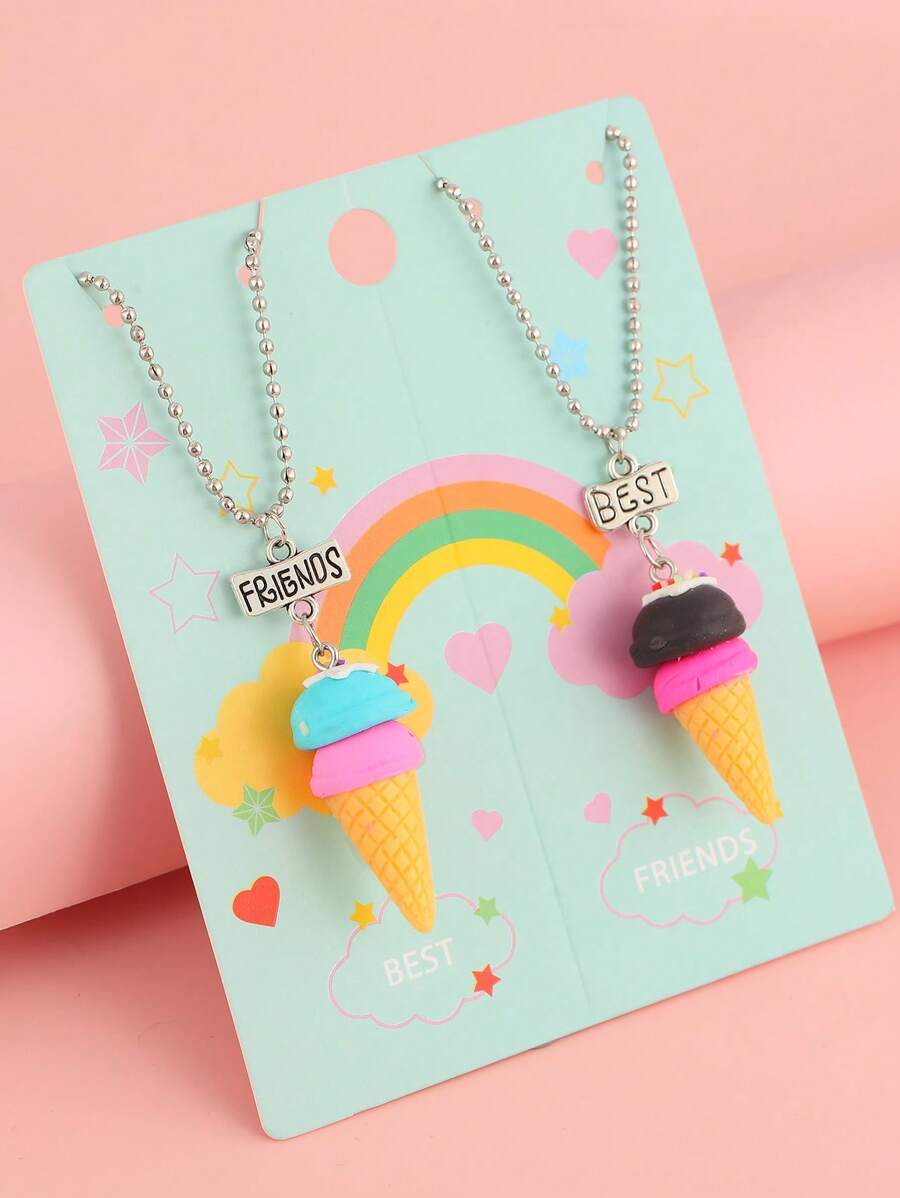 2pcs/Set Girls Cute Ice Cream Best Friend Necklace Set, Jewelry For ...