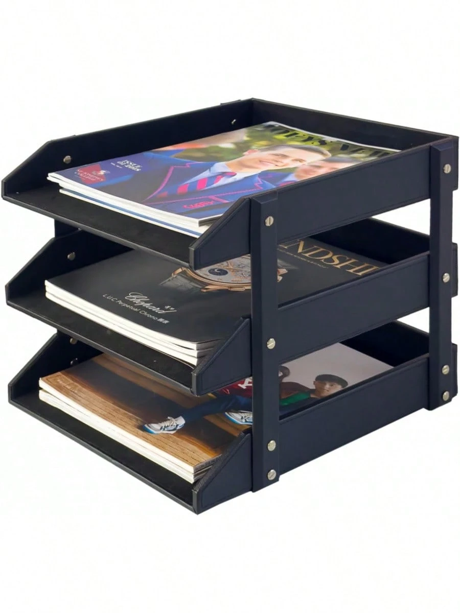 3-Layer Document Paper Letter Tray, Faux Leather Desktop File Sorter ...