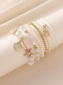 7pcs/Set Seashells, Pearls & Starfish Beads Layered Bracelet Set, Boho ...