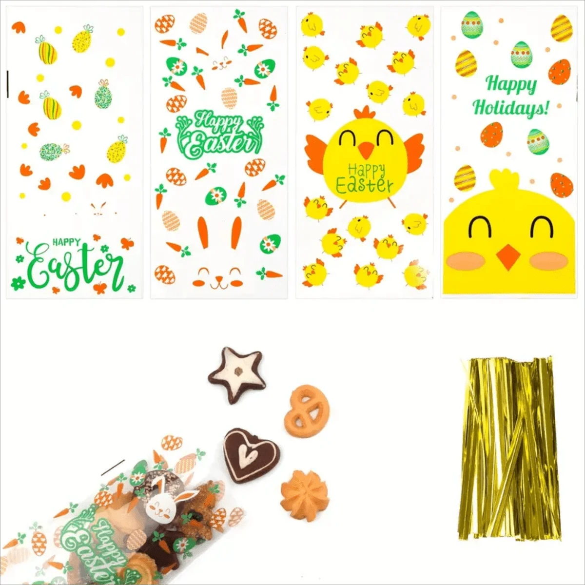 50pcs Easter Snack Bags With Gold Twist Tie, Assorted Design With ...