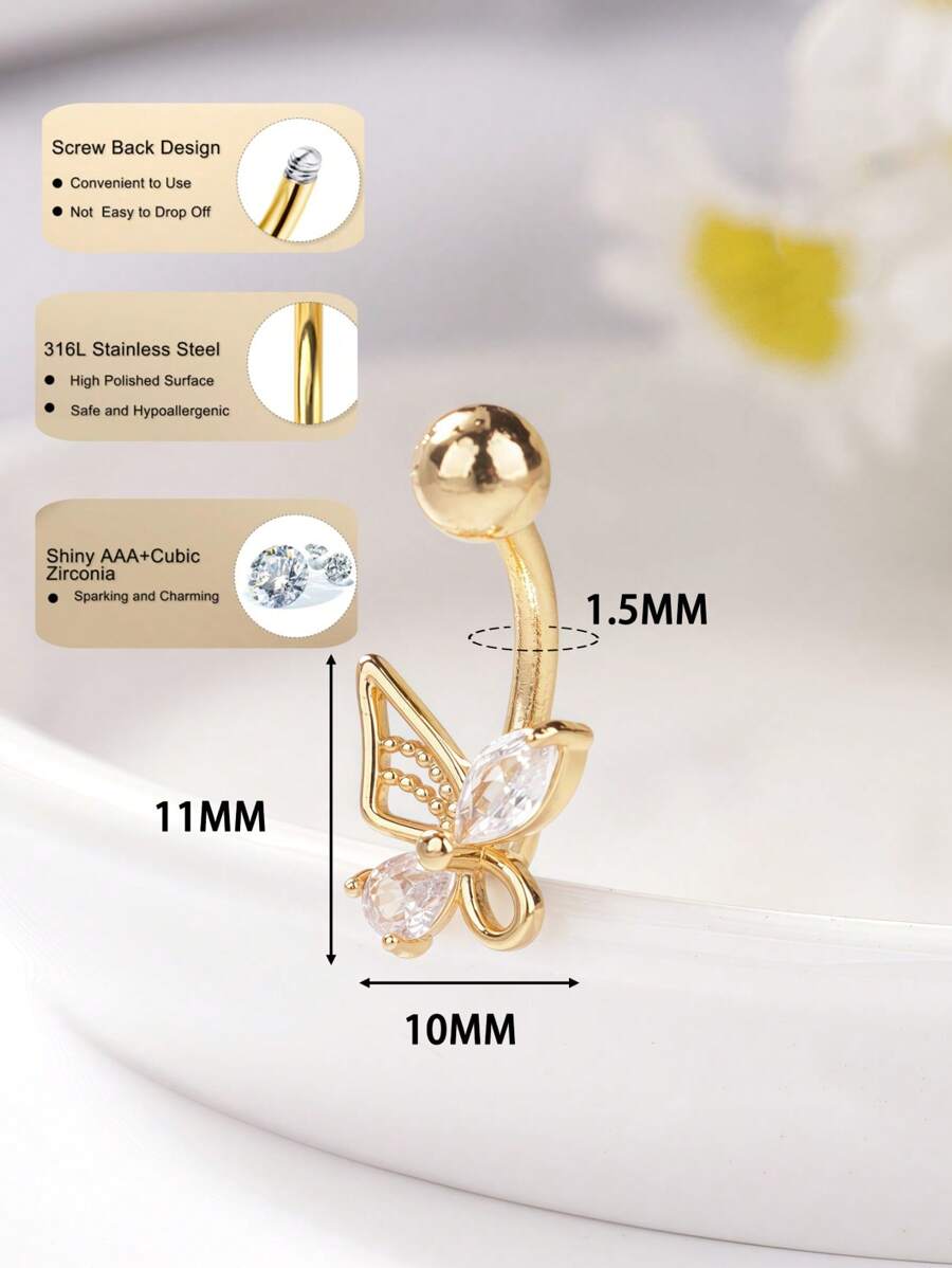 Cute CZ Butterfly Belly Button Ring - Dangle Navel Piercing Jewelry For ...