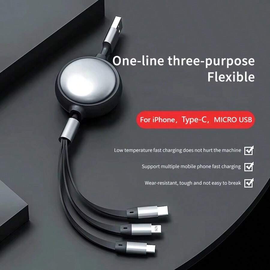 3 In 1 USB To USB-C+Lightning+Micro USB Cable Fast Charging Data Cord ...