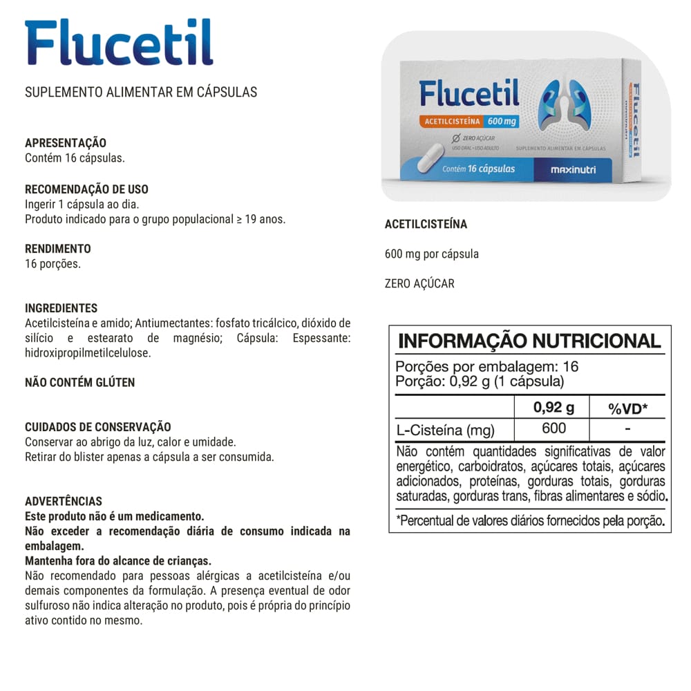 Flucetil Acetilcisteína 600mg 16 Cápsulas Maxinutri | SHEIN Brasil