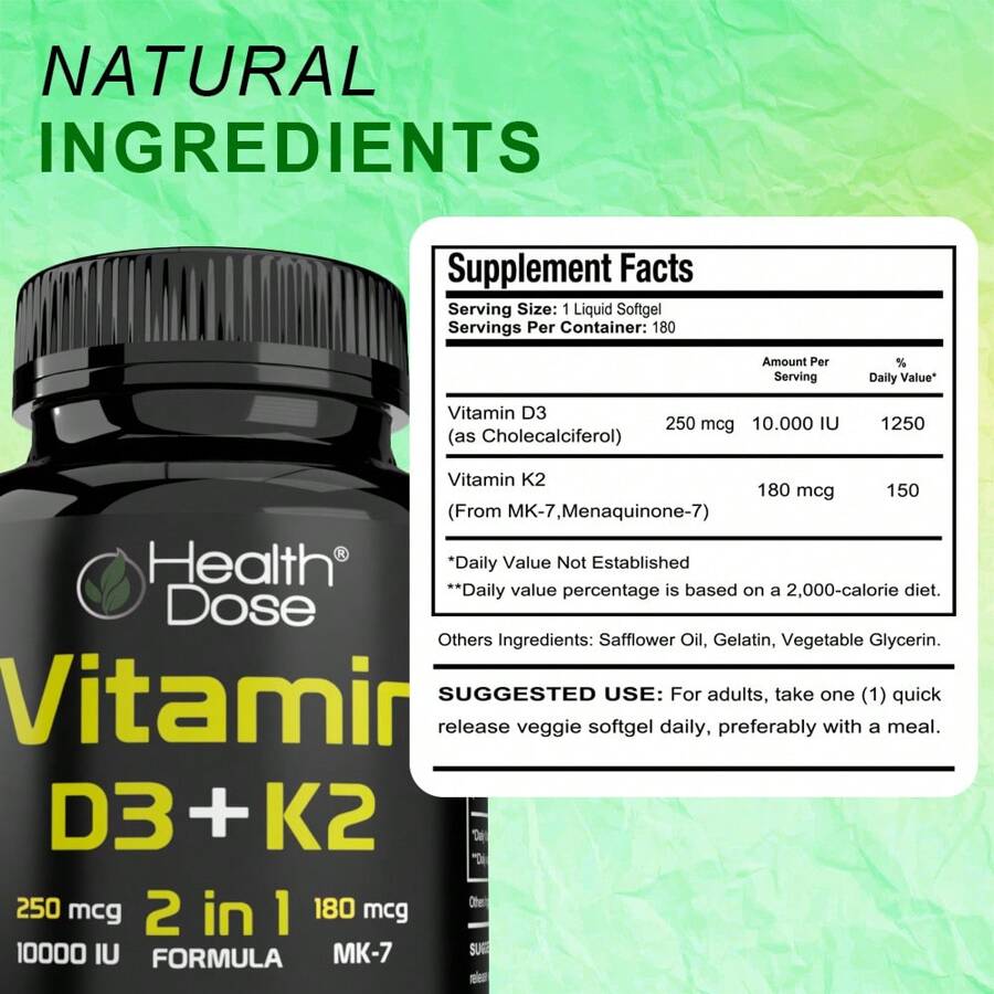 Health Dose Health Dose Vitamin D3+K2 (MK7) - Immune System Support, Bone Health, Heart Wellness ...