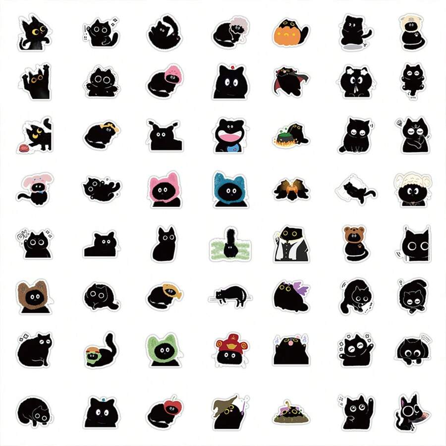 63pcs Funny Black Cat Cartoon Stickers, Cute Cat Expressions For ...