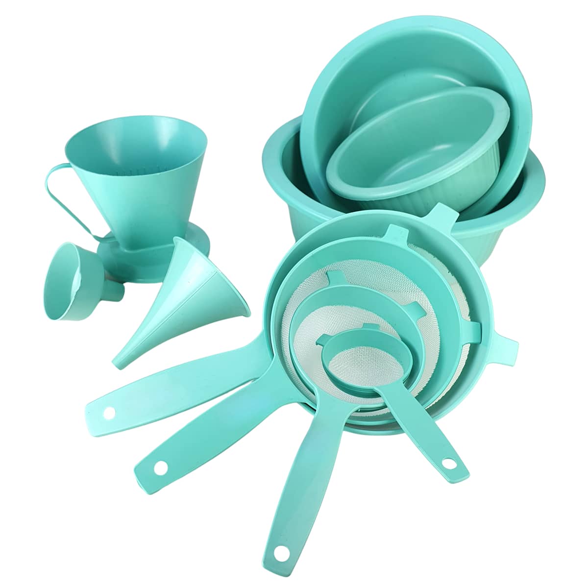 Green Kitchen Utensil Set 11 Pieces - Sieves, Basins, Funnel, Filter ...