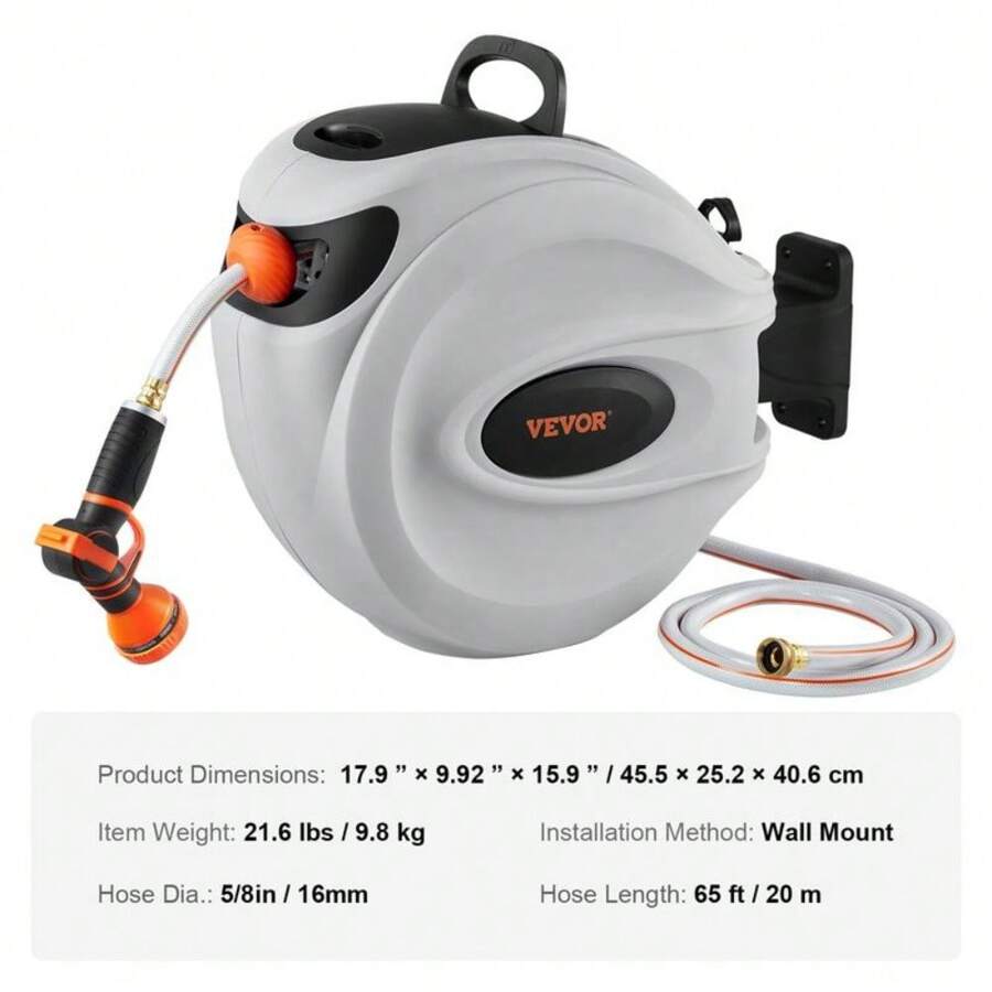 Retractable Hose Reel, Max 130 FT Garden Water Hose Reel With 9-Pattern ...