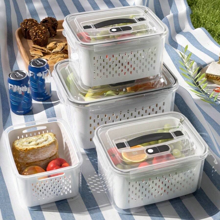 Portable Storage Box, Double Layer Drainage Box, Sealed Plastic Food ...