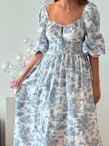 Women's Fall Long Dress Stylish Tie Bow Floral Pattern Smocked Long ...