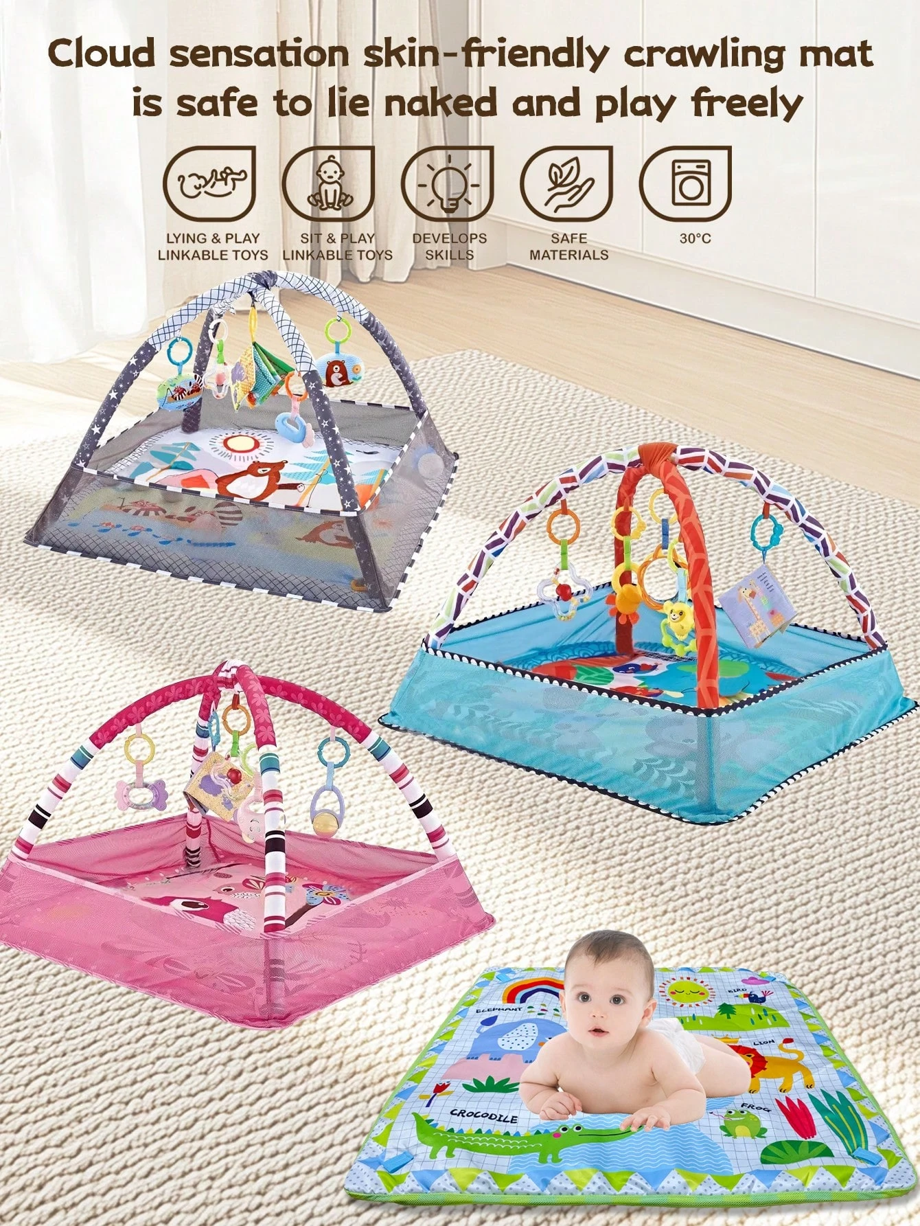 LINMMBBY Baby Play Mat Tummy Time Mat With 5 Hanging Toys For Sensory ...