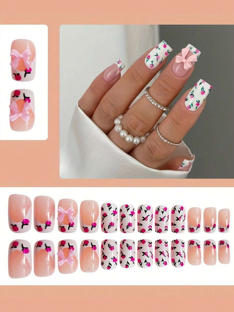 24pcs Pink Rose Bow Detachable Nail Art Tips, New 2025 Design | SHEIN EUR
