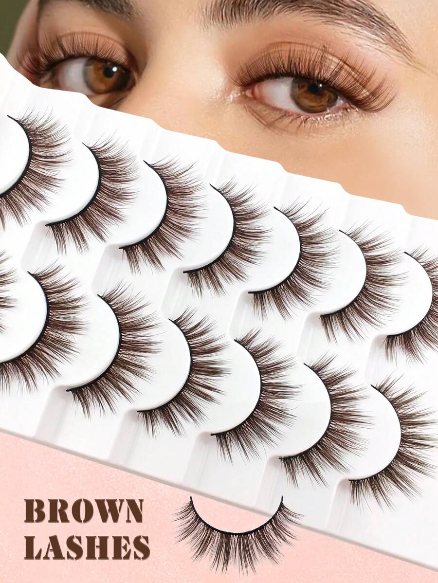 7 Pairs Of 12mm Fine Brown Fluffy Cat Eye Lashes, Natural Curl Faux ...
