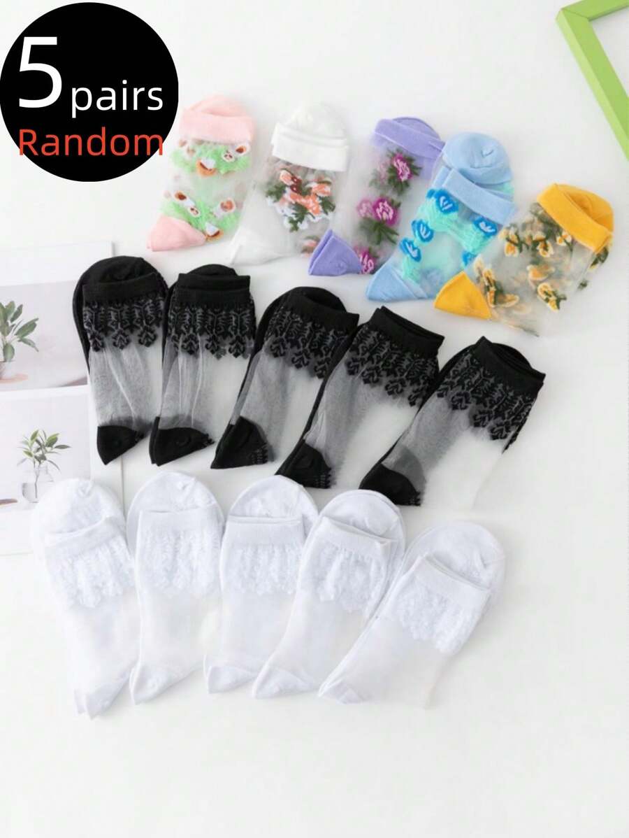 5 Pairs Random Lace Cute Korean Style Mid-Calf Socks, Breathable For ...