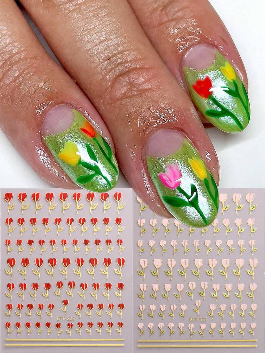 2pcs 3D Tulip Nail Art Stickers Red Pink Flower Nail Decals Spring ...