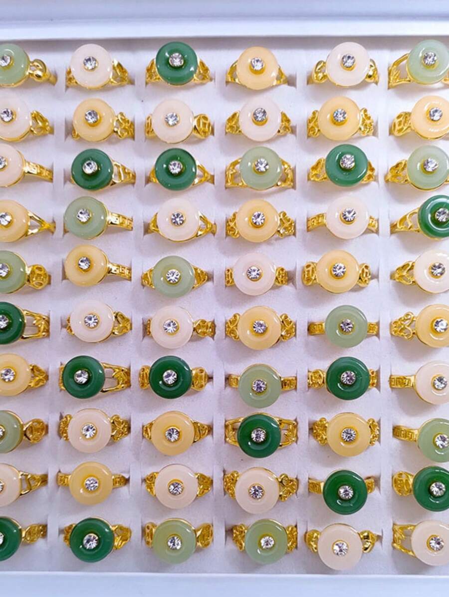30pcs/Set Random Color Random Size Lucky Fake Jade Round Ring Set For ...