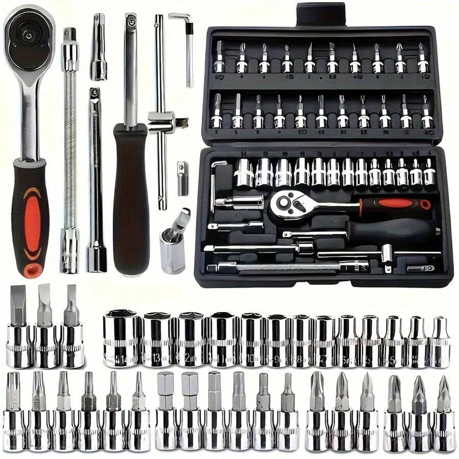 46pcs Mechanic Tool Kit - Steel Sockets With Ratchet Wrench, Multifunctional Auto Repair Set ...