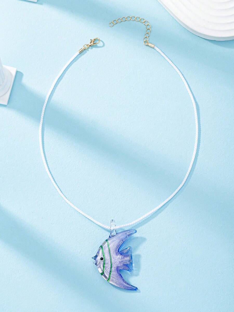 1pc Summer Ocean Beach Style Hand-Made Glass Fish Pendant Cord Necklace ...