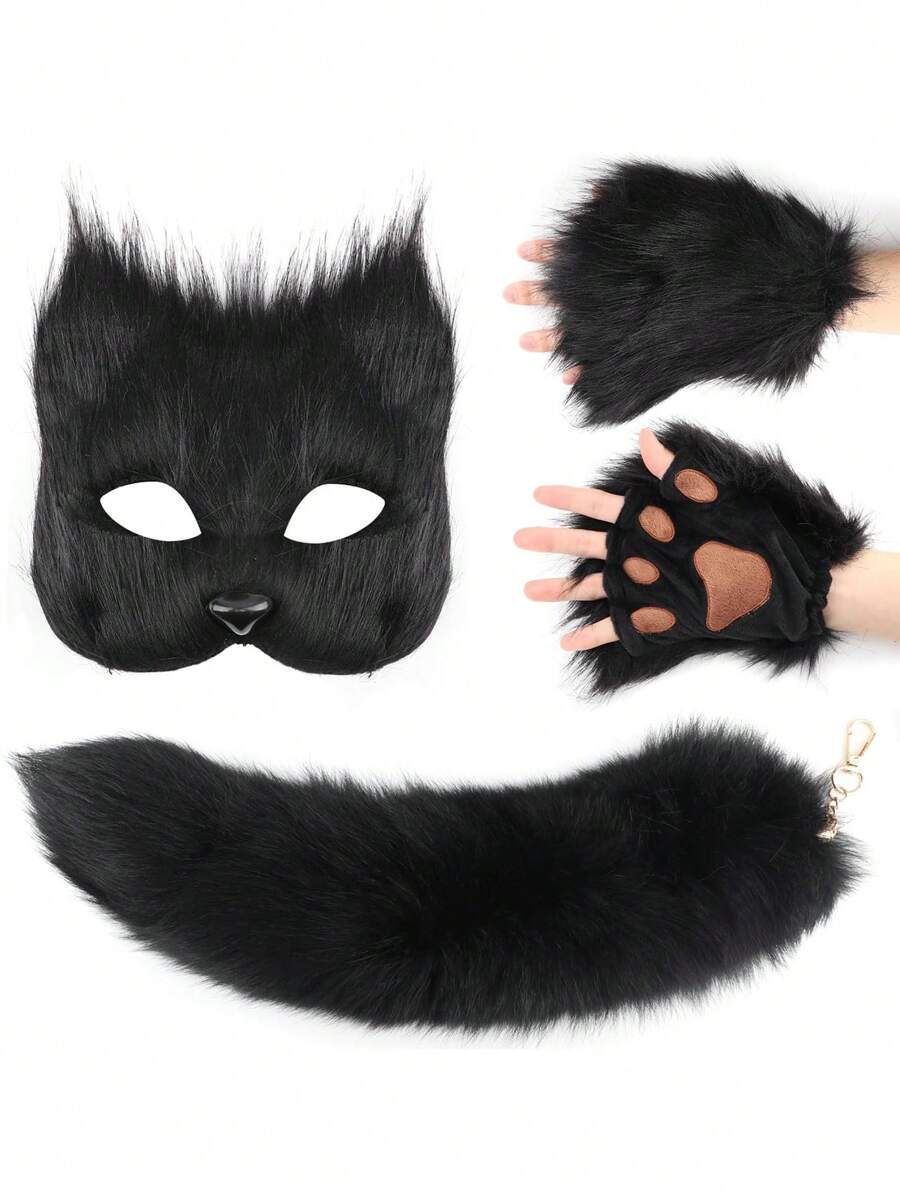 Furry Therian Mask And Fox Tail Glove Set For Girls, Cat Mask Therian ...