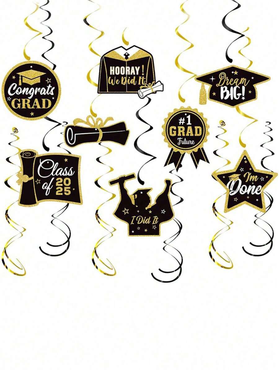 12pcs Gold, Black Graduation Year 2025 Spiral Omaments For Graduation ...