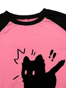Damen Mode Lässig Y2K süßes Katzen Muster Farbblock Raglan Ärmel ...