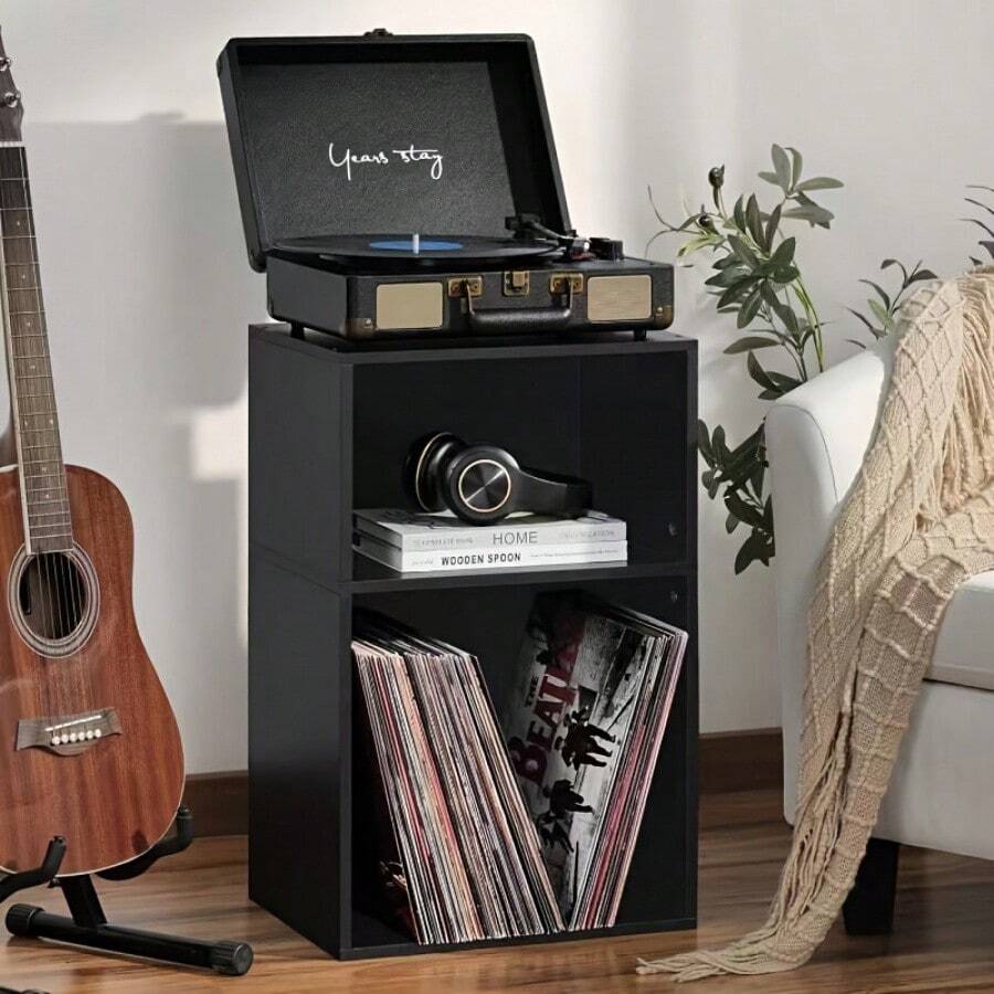 2-Cube Bookshelf With Vinyl Storage Cabinet, Black Hardwood Turntable ...