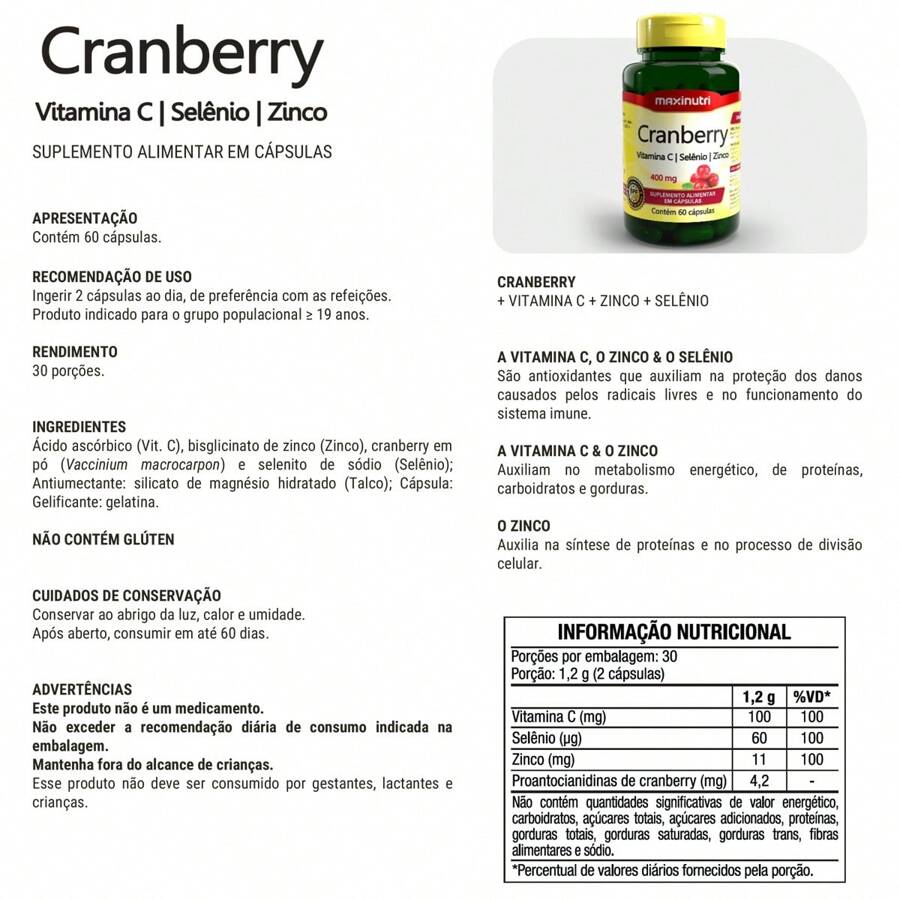 Cranberry Vitamina C + Selênio Zinco 60 Cápsulas Maxinutri | SHEIN Brasil