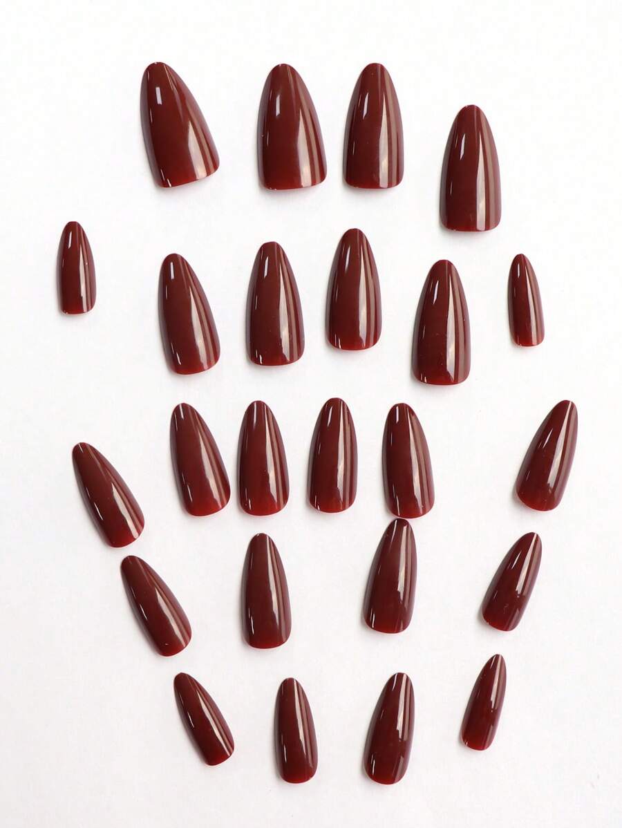 24 Short Almond-Shaped Pure Crimson Nail Nail Strips With 1 Stick Of ...