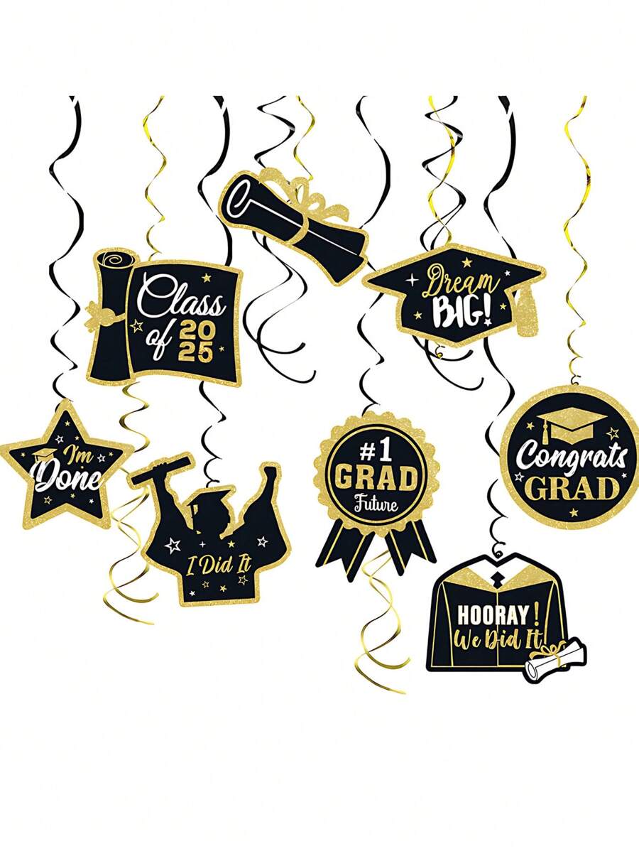 12pcs Gold, Black Graduation Year 2025 Spiral Omaments For Graduation ...