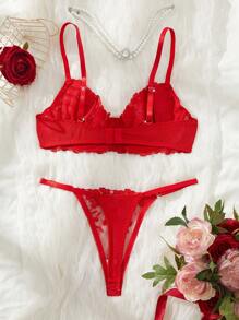 2pcs Women Sexy Lingerie Set, Red Lace Embroidered Wireless Bra With ...