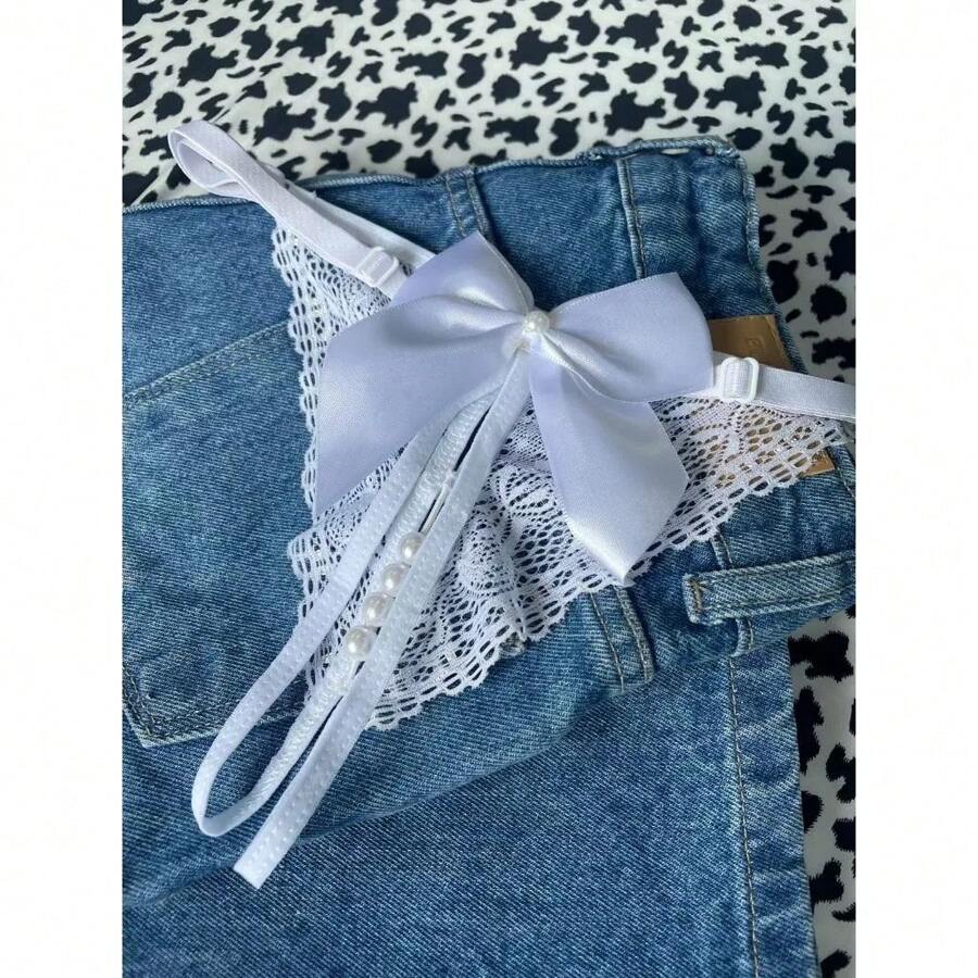 Kit 3 Sexy Lingeries G-String With Bow Panties With Adjustable Opening Pearl Lace Thong ...