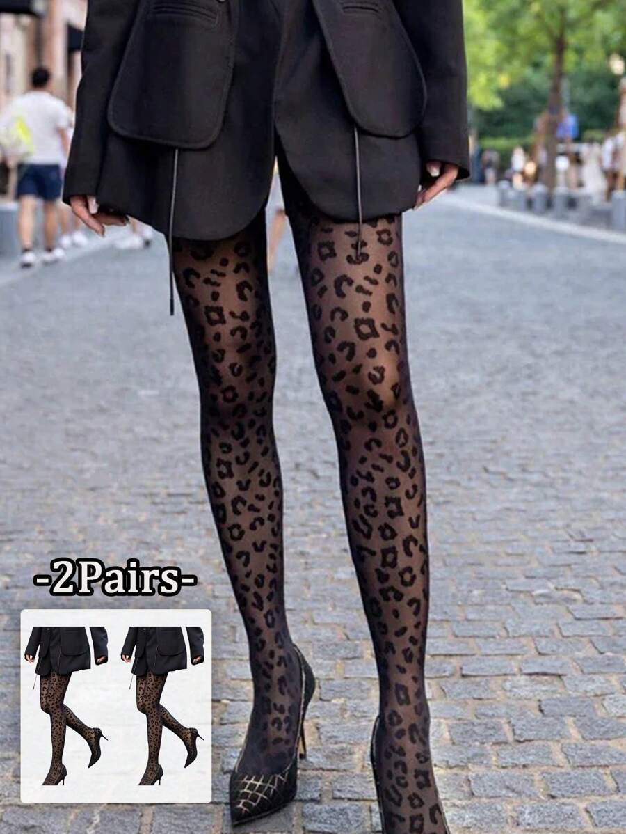 2 Pairs Women Sexy Leopard Print Stockings, Thin Pantyhose, Gothic ...