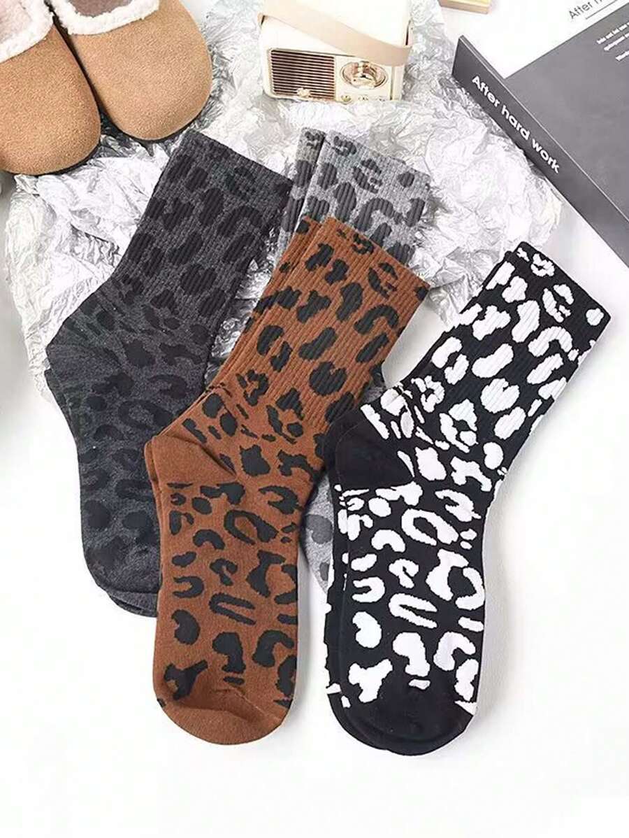 5 Pairs Of Women's Casual Socks Fashionable And Personalized Retro Leopard Print Spring Summer ...
