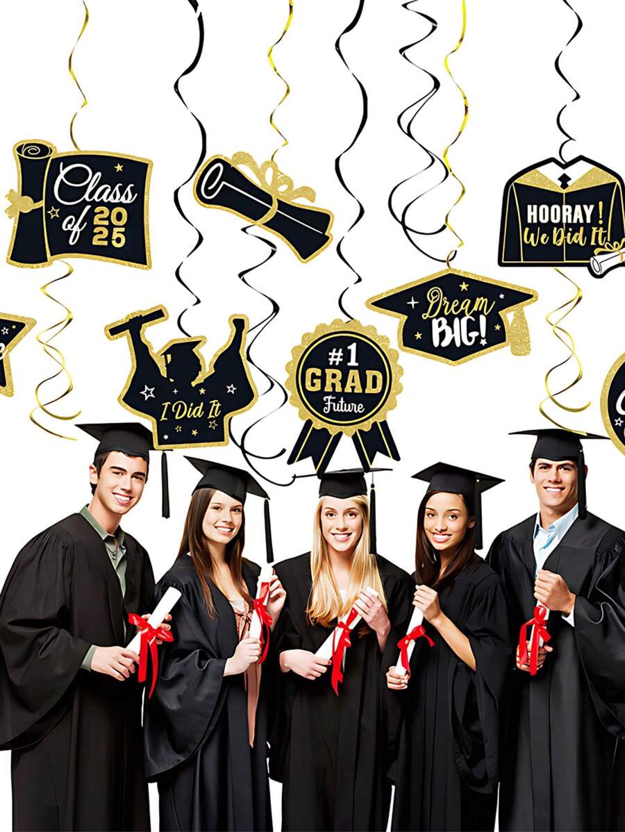 12pcs Gold,Black Graduation Year 2025 Spiral Omaments For Graduation ...