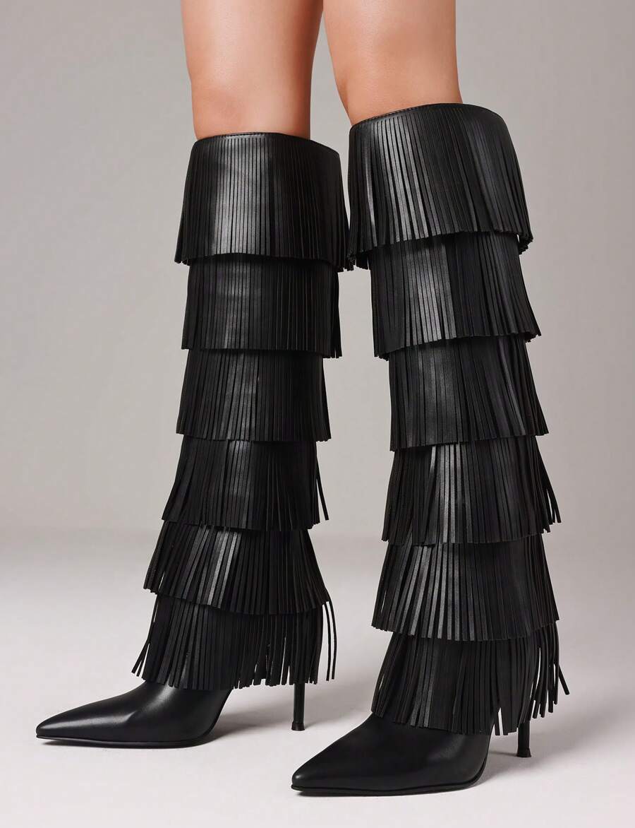Womens Knee-High Heel Boots Womens Fringe Embellished Knee Fashion High ...