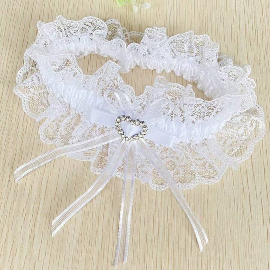 1 Pc White Heart Shaped Bow Lace Garter Belt, Wedding Bridal Leg Garter ...