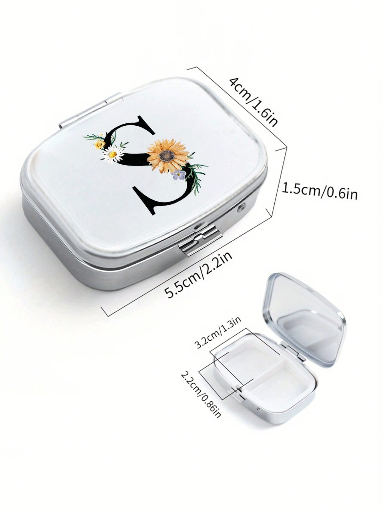 Daisy Flower Letter Pattern Square Pill Box, 2 Portable Pill Storage ...