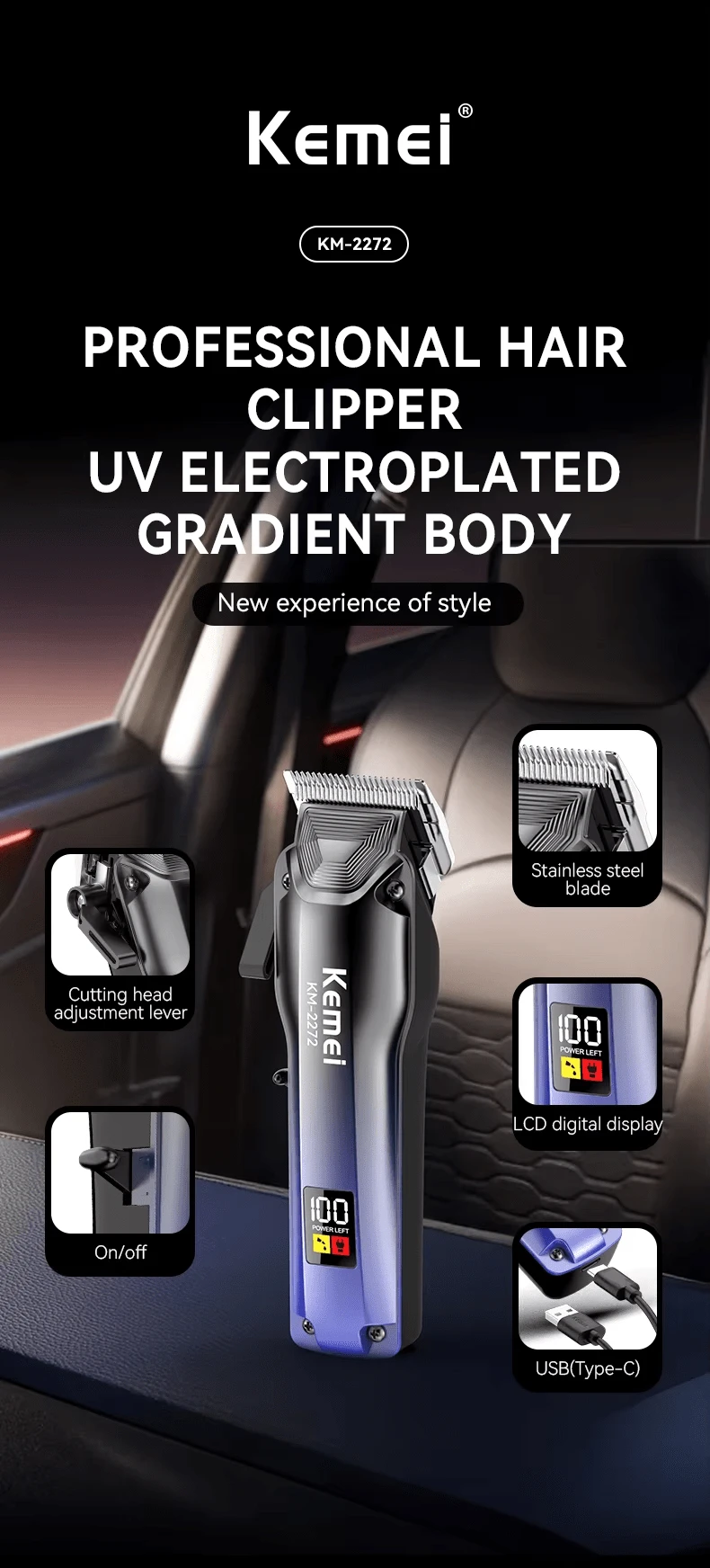 KEMEI KM-2272 Professional Rechargeable Electric Hair Clipper - Barber ...