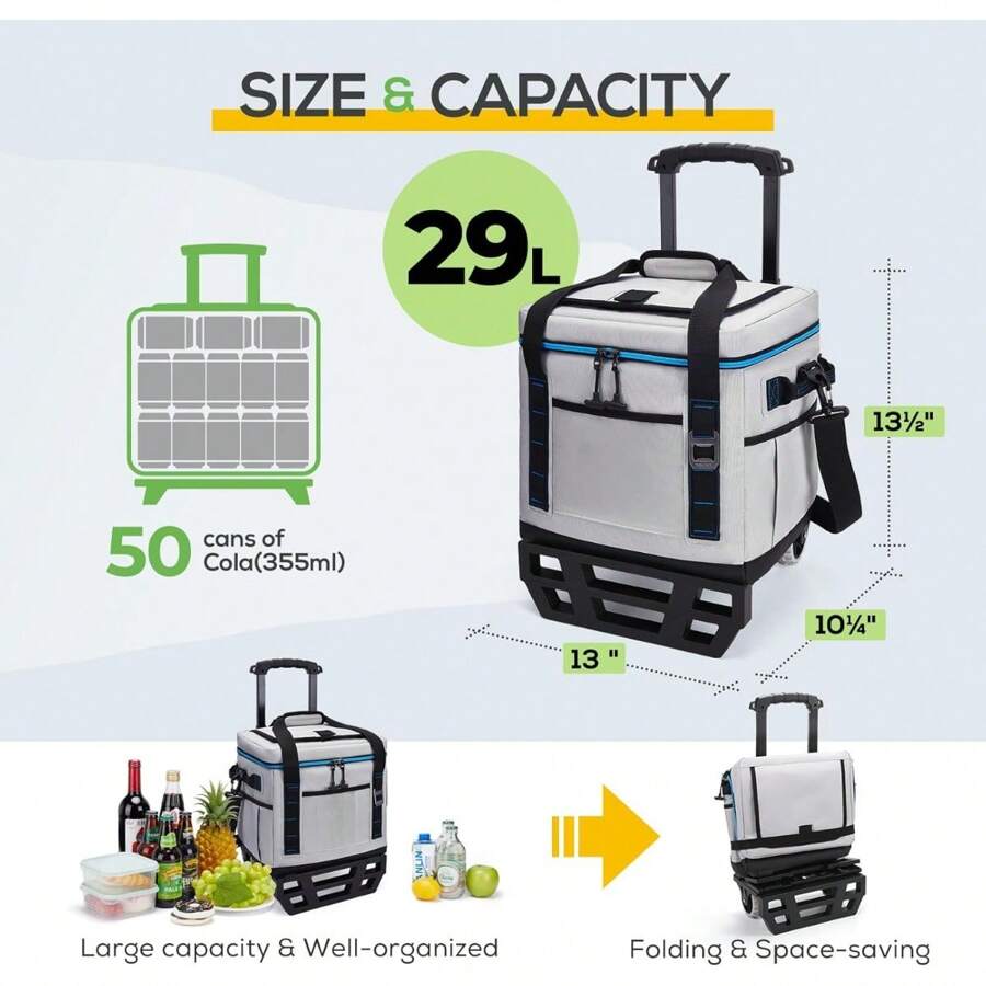 Portable 50-Can Collapsible Rolling Soft Cooler With 29L Space ...