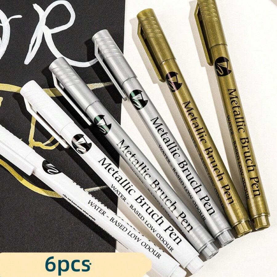3-Color 6pcs Set Acrylic Metallic Highlighter Pens, Gold Silver & White ...