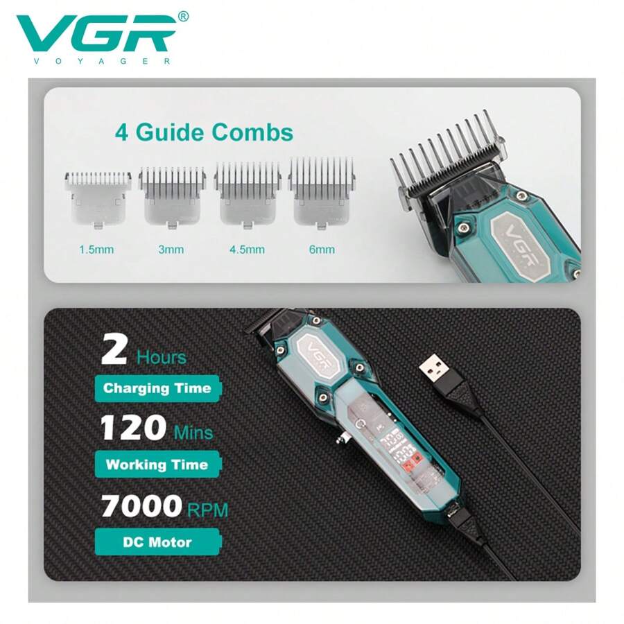 VGR VGR Electric Portable Digital Display Hair Trimmer Cordless Transparent Hair Clipper ...