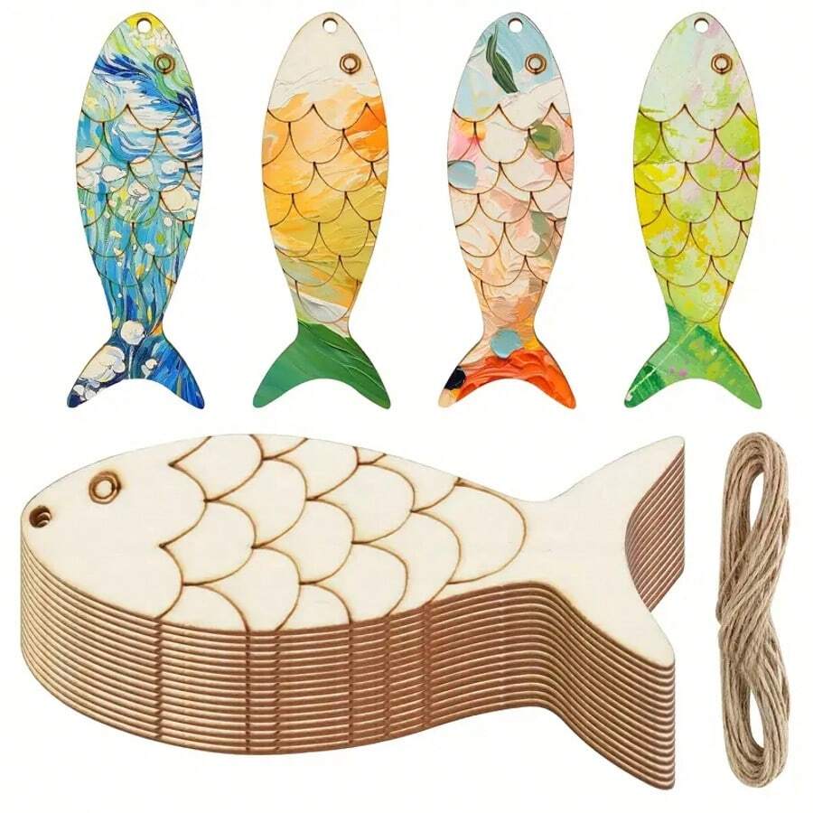 10/20 Pieces DIY Wooden Fish Crafts With Twine - Easy To Hang, Doodle ...