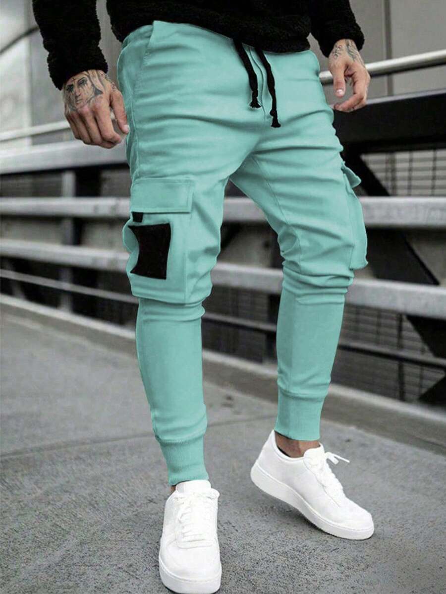 Men's Loose Fit Flap Pockets Drawstrings Cargo Pants, Long Color Block ...