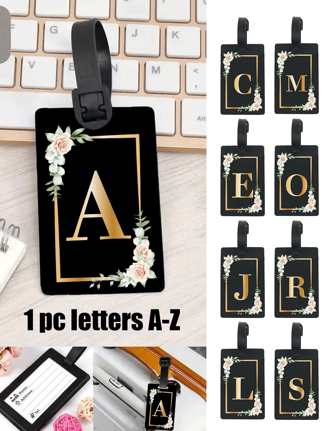 Flower Pattern Initials A-Z, Initials Luggage Tag Pvc Luggage Tag, Gold ...