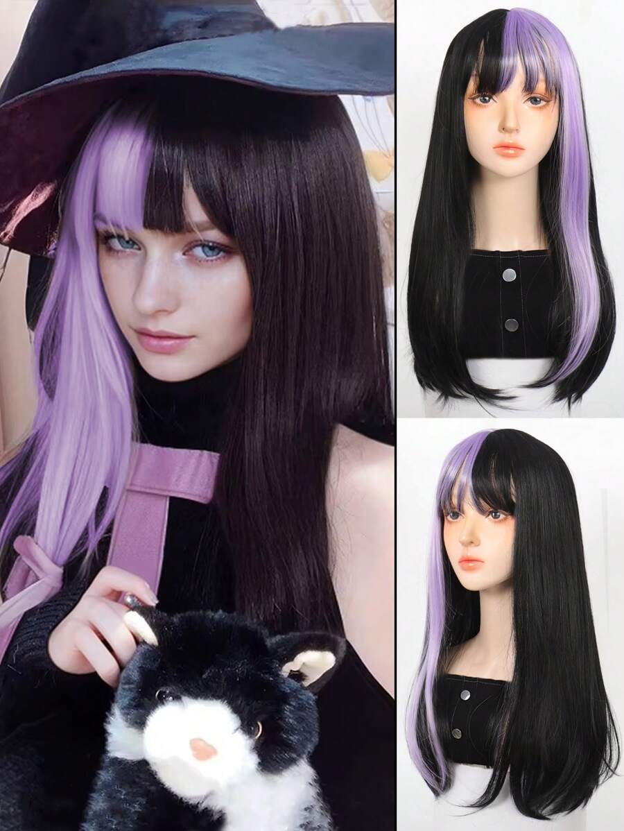 Synthetic Black Highlighted Purple Wig Female Long Hair With Bangs Yk2 ...