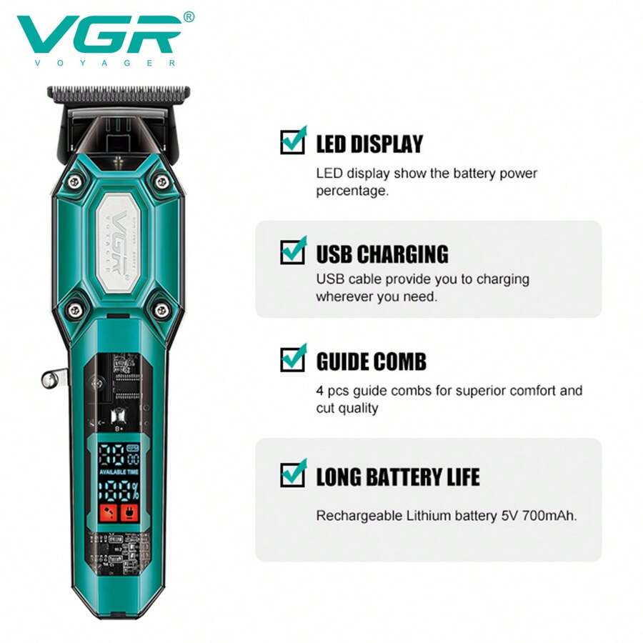 VGR VGR Aparador de pelos elétrico portátil com tela digital sem fio Máquina de cortar cabelo ...
