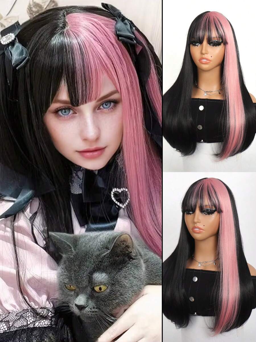 Synthetic Black Highlighted Purple Wig Female Long Hair With Bangs Yk2 ...