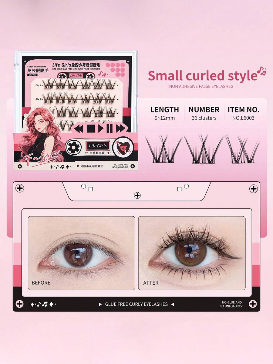 36 Clusters - C Curl - Glue-Free Small Flower False Eyelashes - Jelly Glue Strip Comic Girl ...