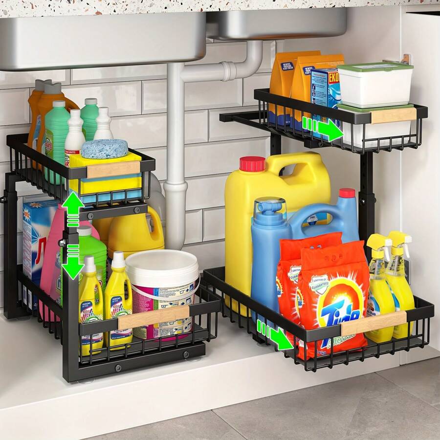 Drain Storage Box, Canister Rack, Pull-Out Cabinet Storage Box 2-Layer ...
