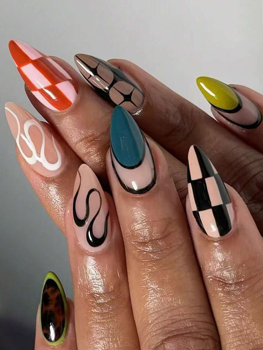 24Pcs Black & White Glossy Multi-Color Striped Stiletto Fake Nails ...