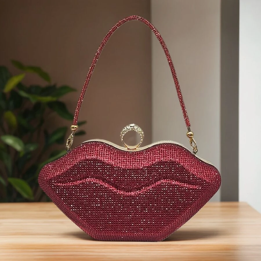 Women Lip Shaped Purse Rhinestone Clutch Bags Sparkling Evening Bag ...